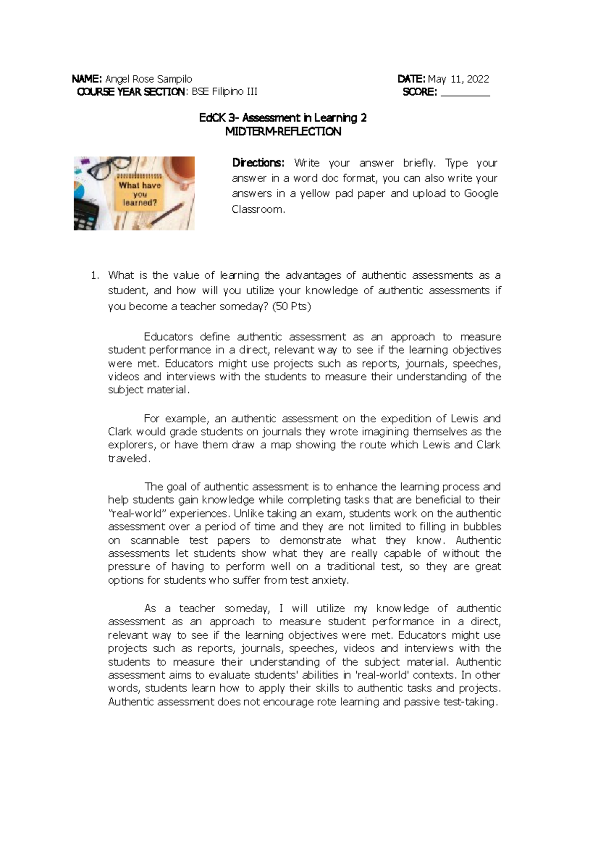 Ed CK 3-Midterm Reflection pdf - NAME: Angel Rose Sampilo DATE: May 11 ...