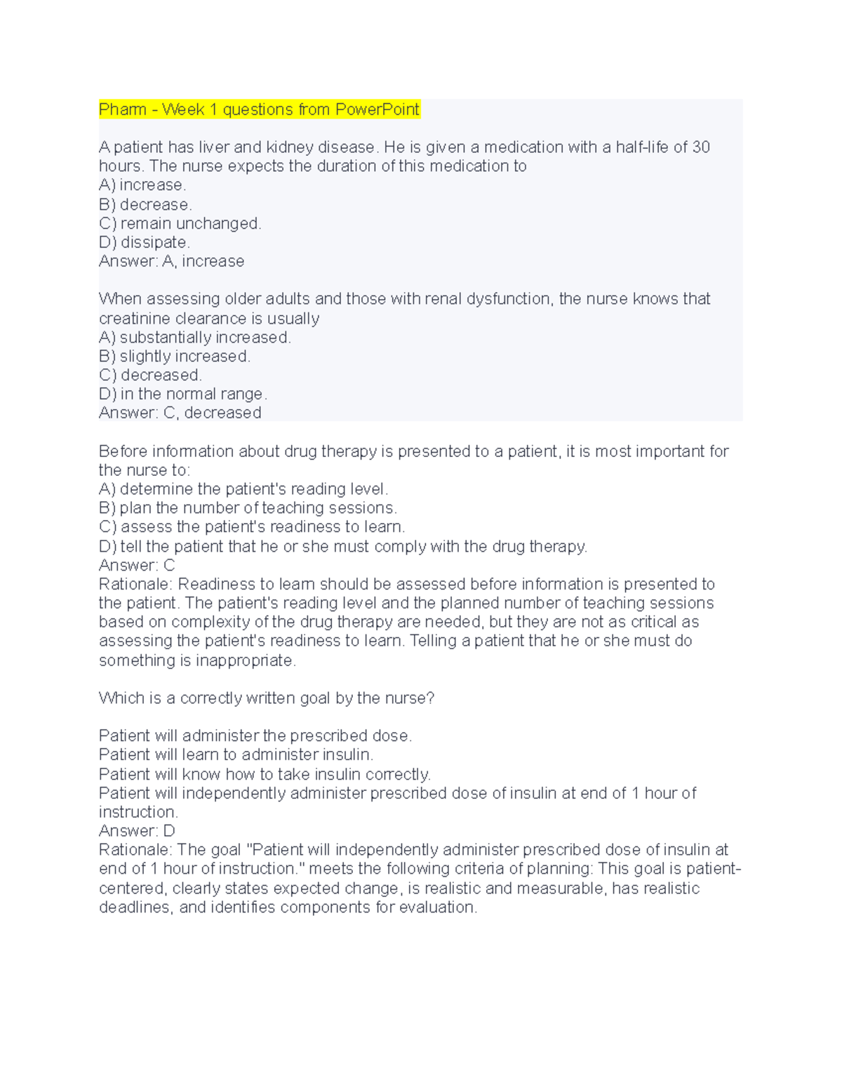 Pharmacology week 1 lecturequestions from powerpoint - Pharm - Week 1 ...