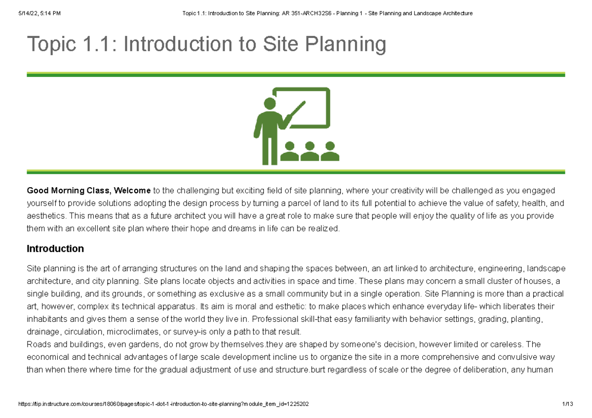 Topic 1.1 Introduction to Site Planning AR 351-ARCH32S6 - Planning 1 ...