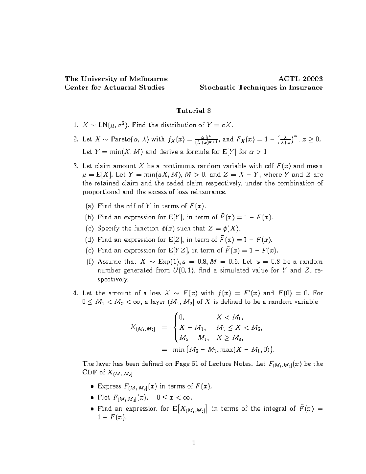 Tute 3 - Tute sheet Qs - The University of Melbourne ACTL 20003 Center ...