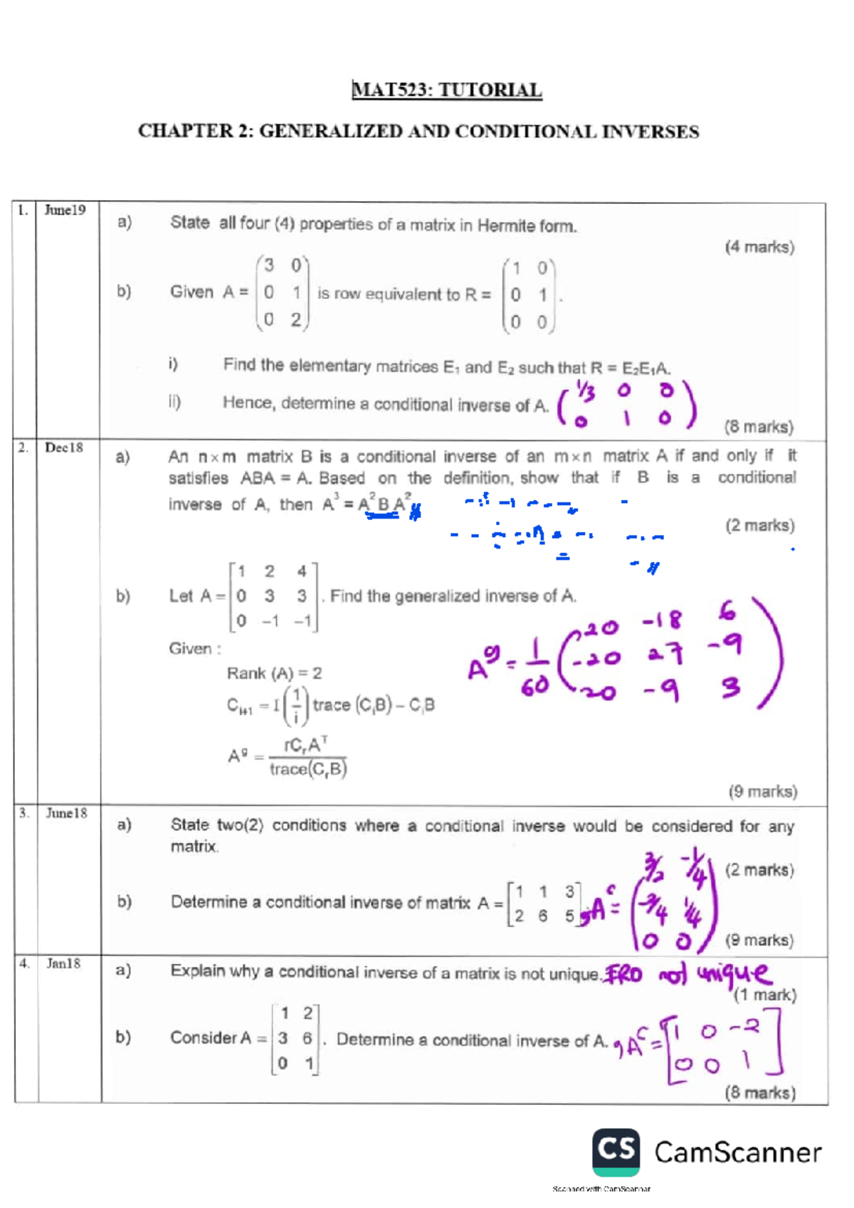 MAT523 Tutorial Chapter 2-1 - MAT523: TUTORIAL CHAPTER 2: GENERALIZED AND CONDITIONAL INVERSES 1 ...