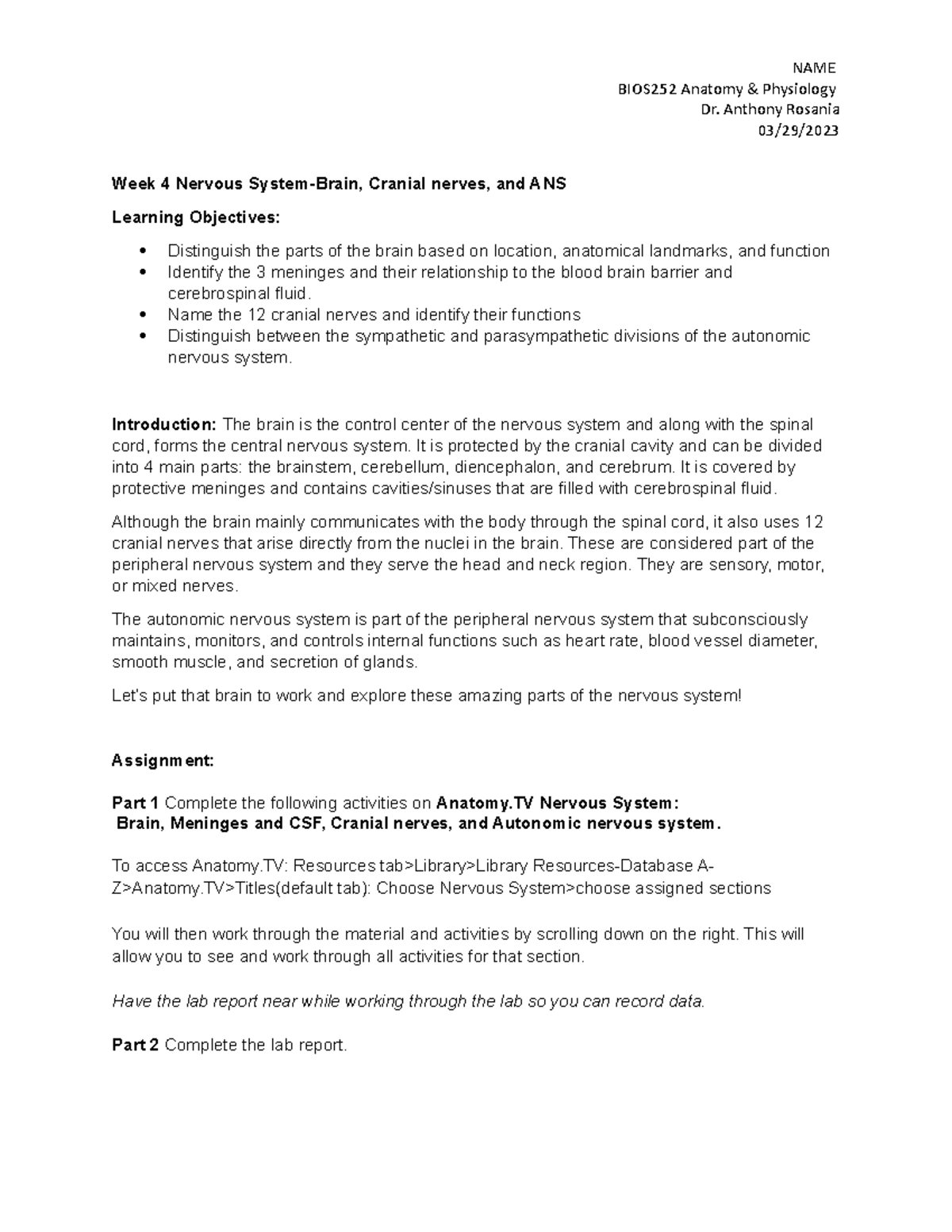Wk4 Lab The Brain Week 4 Lab Document Bios252 Anatomy And Physiology Dr Anthony Rosania