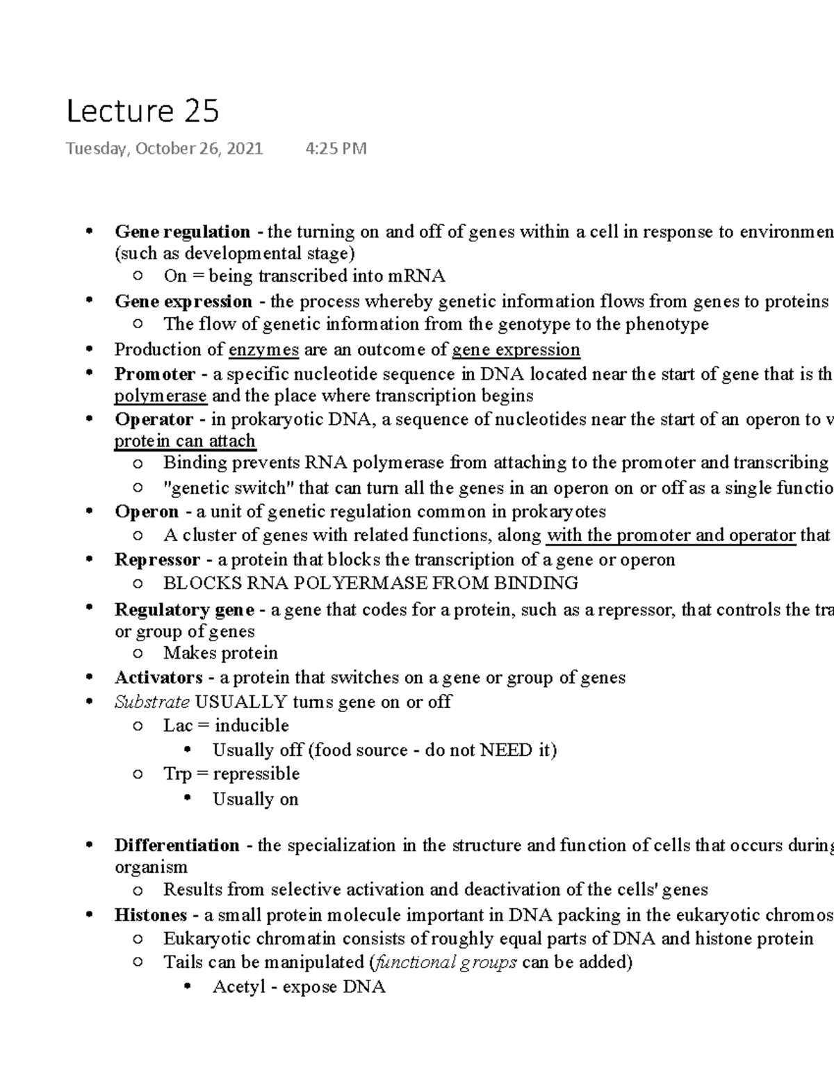 Lecture 25 - espinoza - Gene regulation - the turning on and off of genes within a cell in ...