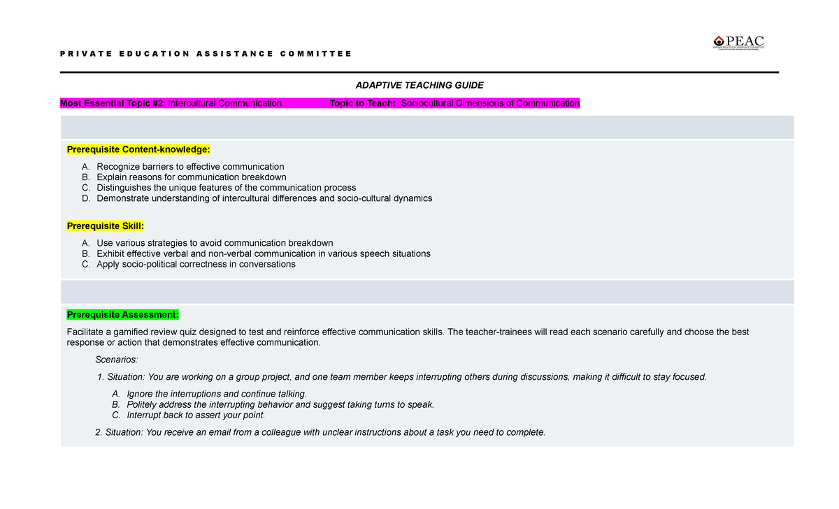 Copy of Topic #2 Intercultural Communication - Adaptive Teaching Guide ...