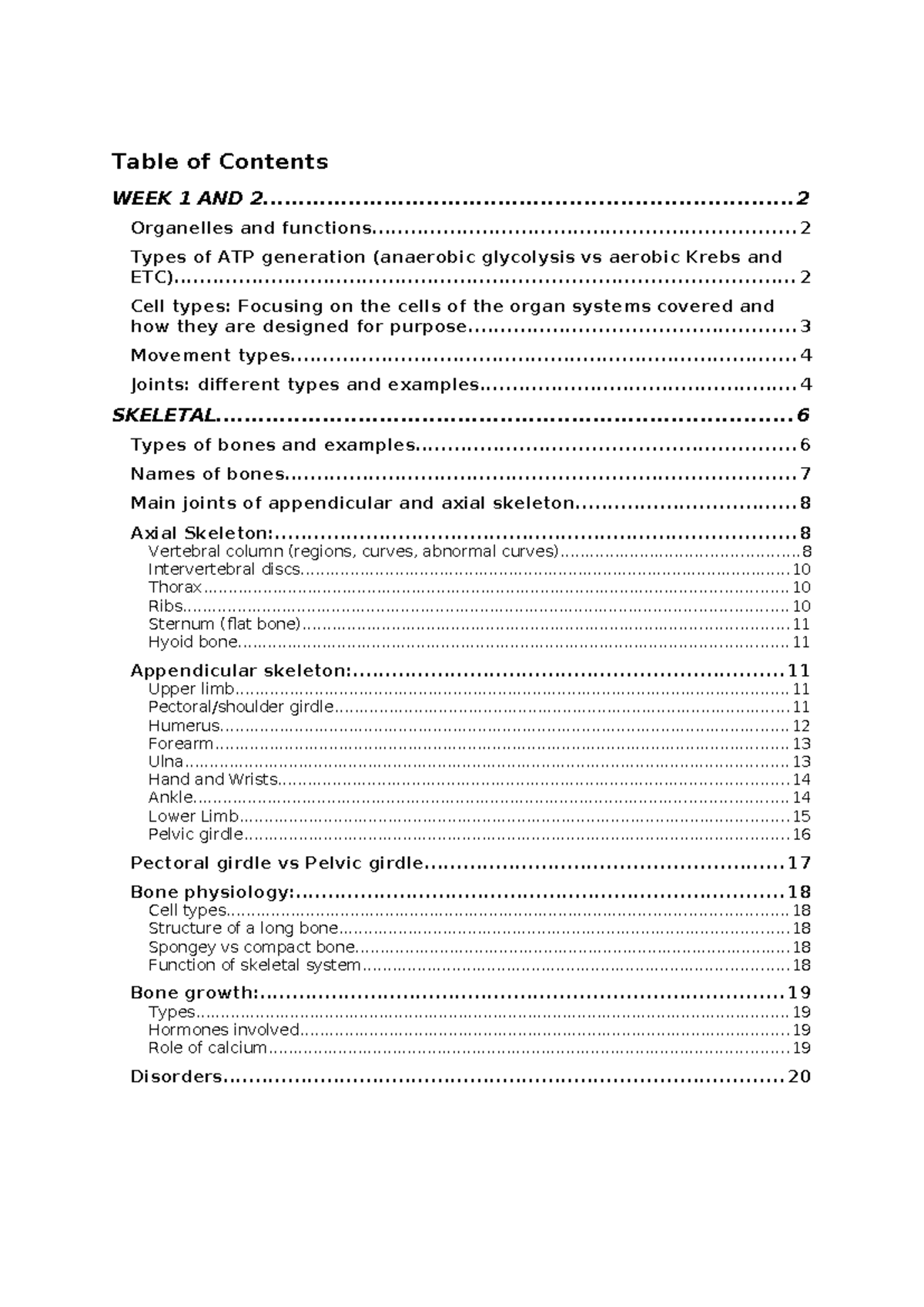 Human Structure and Function notes - Table of Contents WEEK 1 AND - Studocu