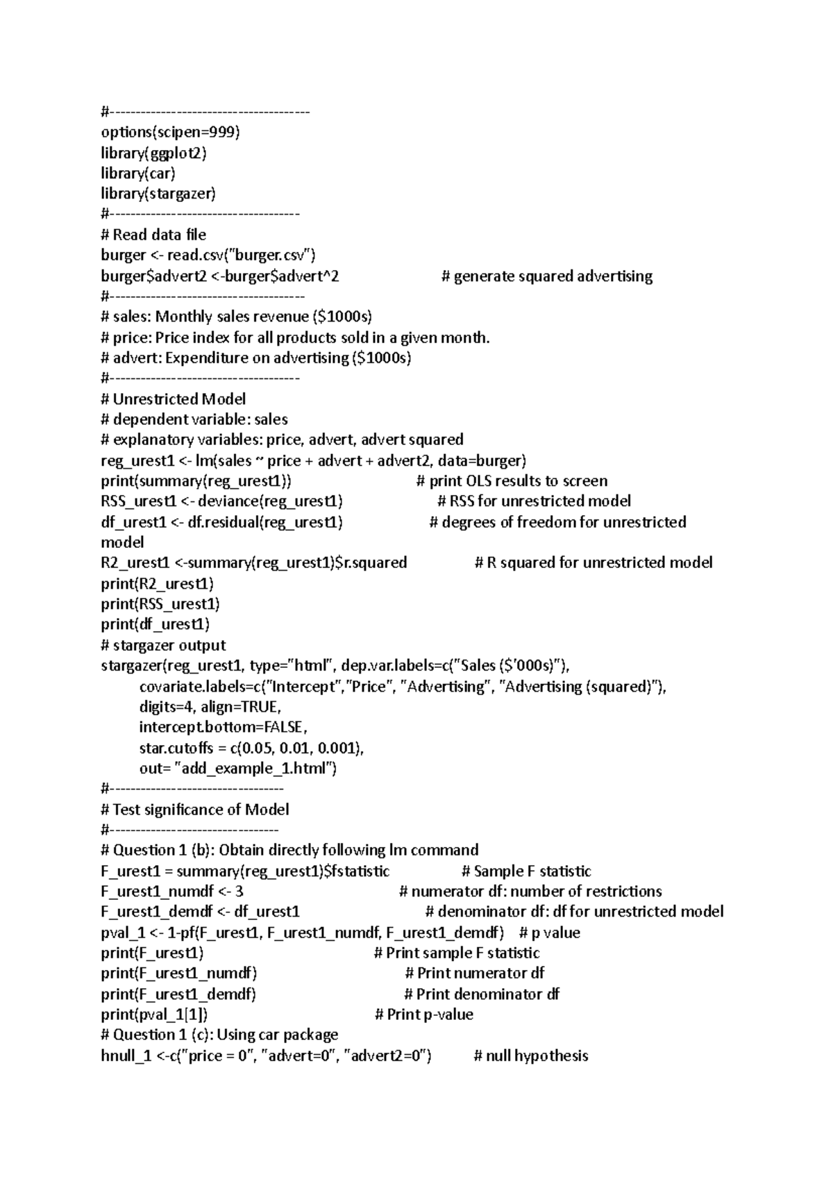 Assignment 1 required r code - #- options(scipen=999) library(ggplot2) library(car) - Studocu