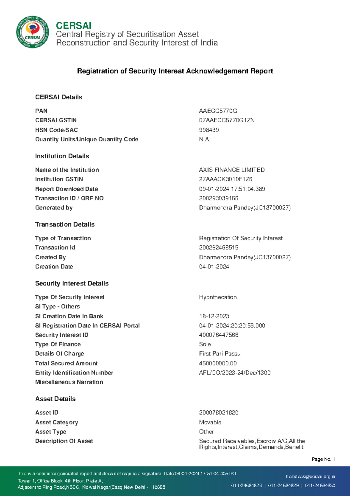 1 Cersai details - Registration of Security Interest Acknowledgement ...
