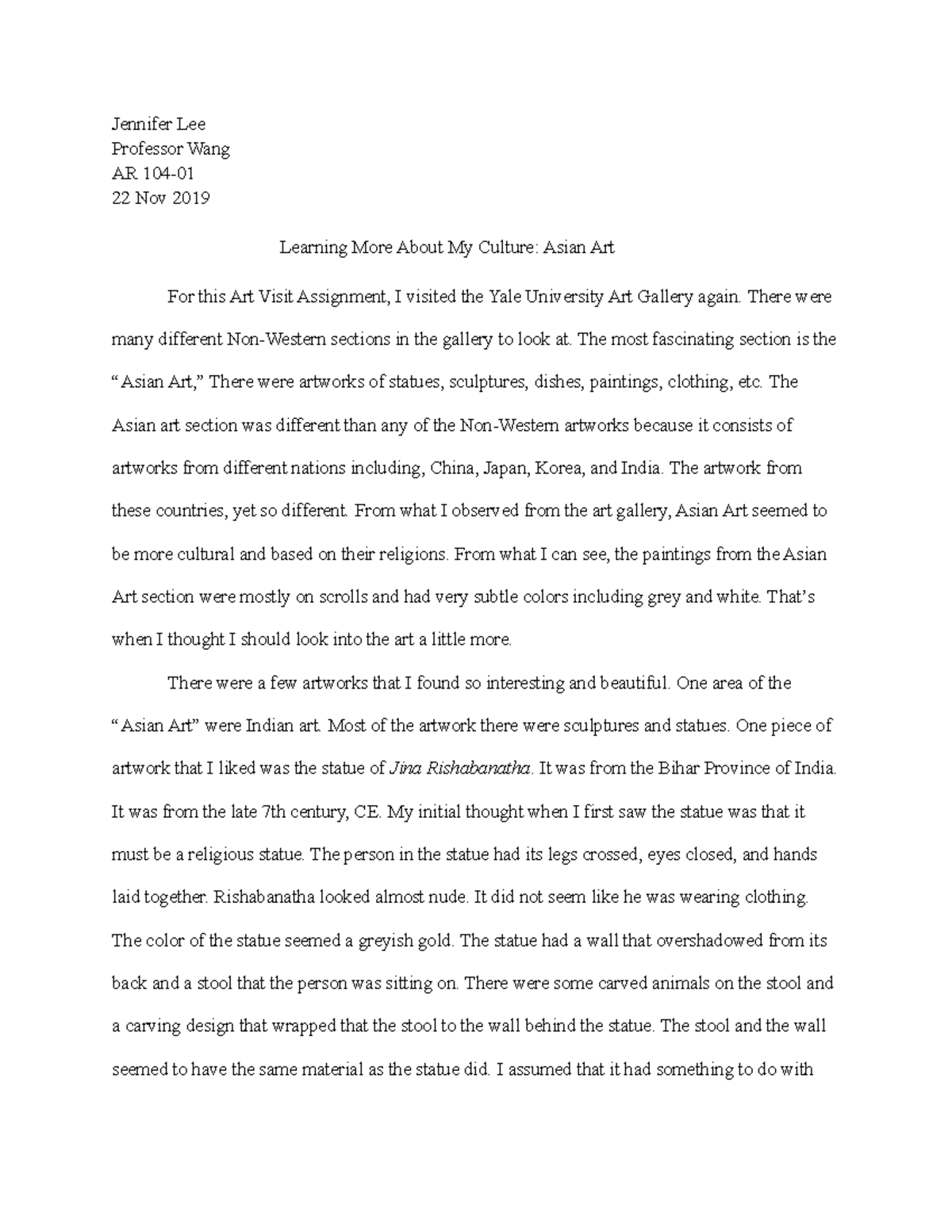 Art Museum Assignment - Jennifer Lee Professor Wang AR 104- 22 Nov 2019 ...