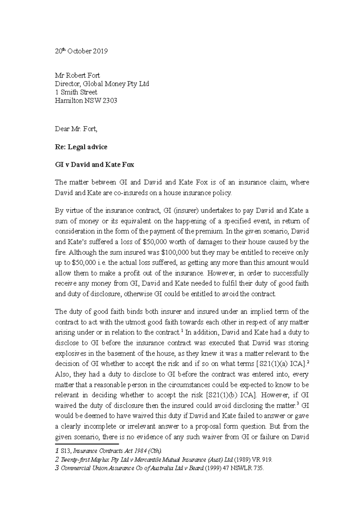 Commercial Law Assessment 2 Problem Solving Answer - 20 th October 2019 ...