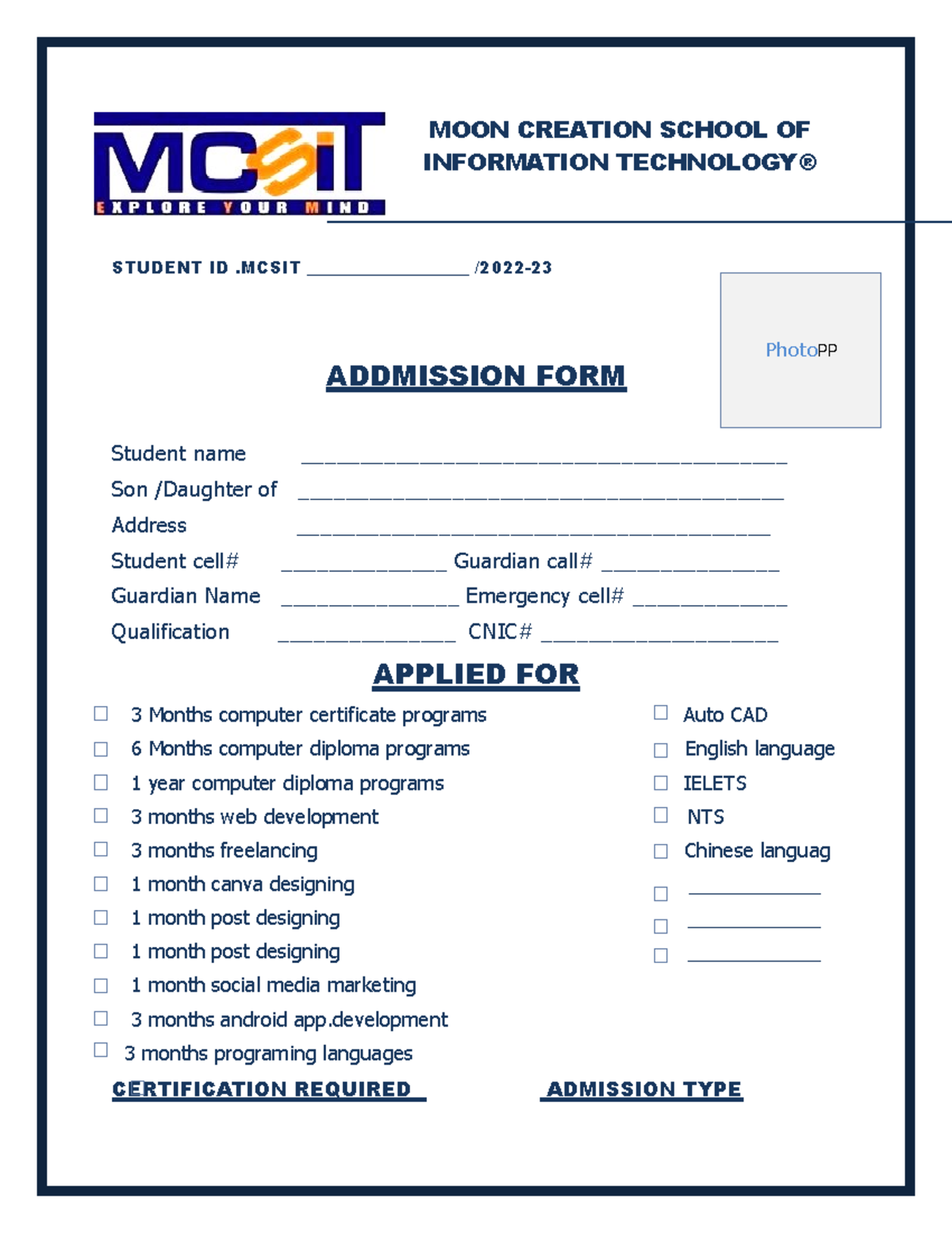 Admmision FORM Abdullah - MOON CREATION SCHOOL OF INFORMATION ...