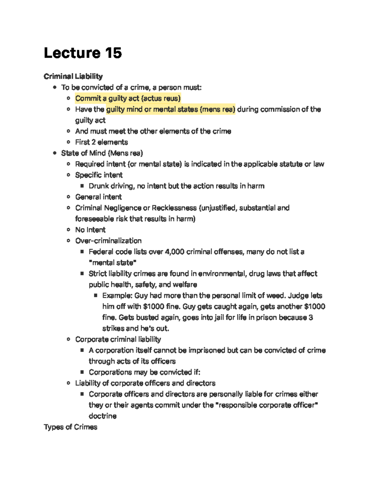 Lecture 15 - Lecture 15 Criminal Liability Types of Crimes To be ...