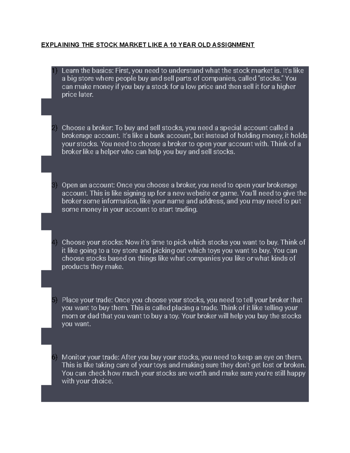 Explaining THE Stock Market LIKE A 10 YEAR OLD Assignment - EXPLAINING ...