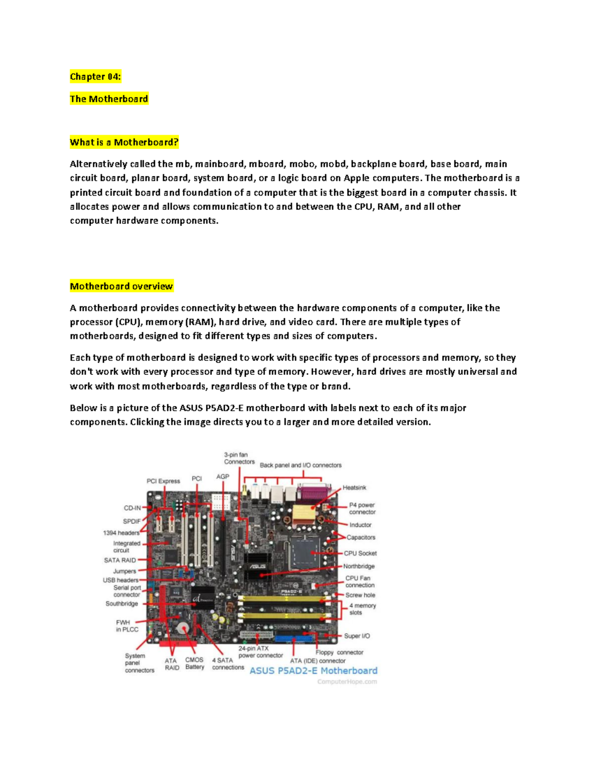 Chapter 04 - LECTURE NOTES - Chapter 04: The Motherboard What is a ...