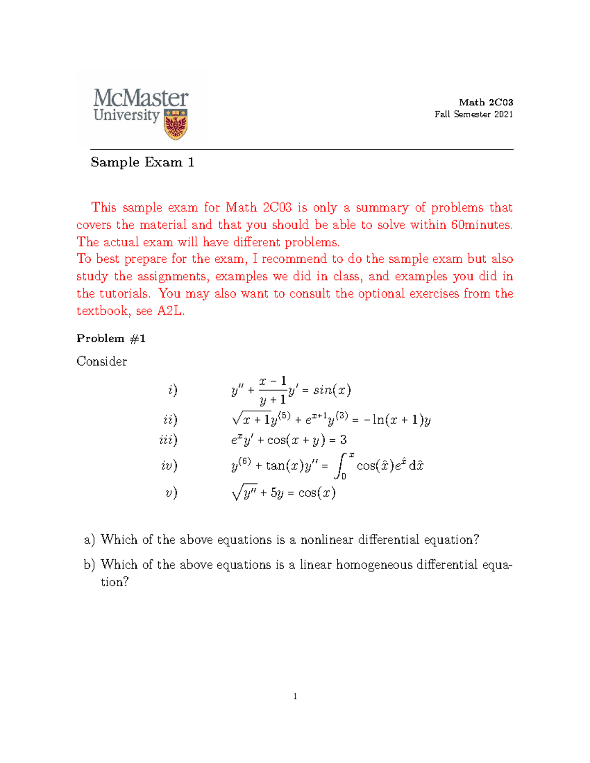 Math 2C03 Midterm Sample Exam - Math 2C Fall Semester 2021 Sample Exam ...