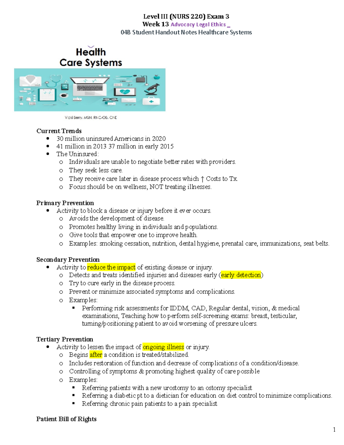 04B Student Handout Notes Healthcare Systems - Week 13 Advocacy Legal ...