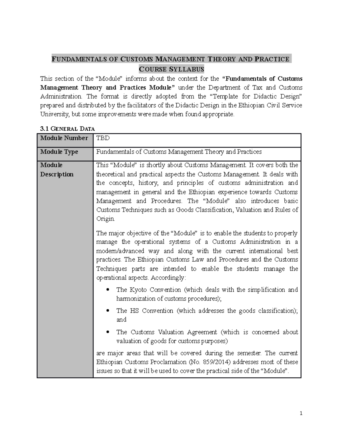 Customs Theory course outline - FUNDAMENTALS OF CUSTOMS MANAGEMENT ...