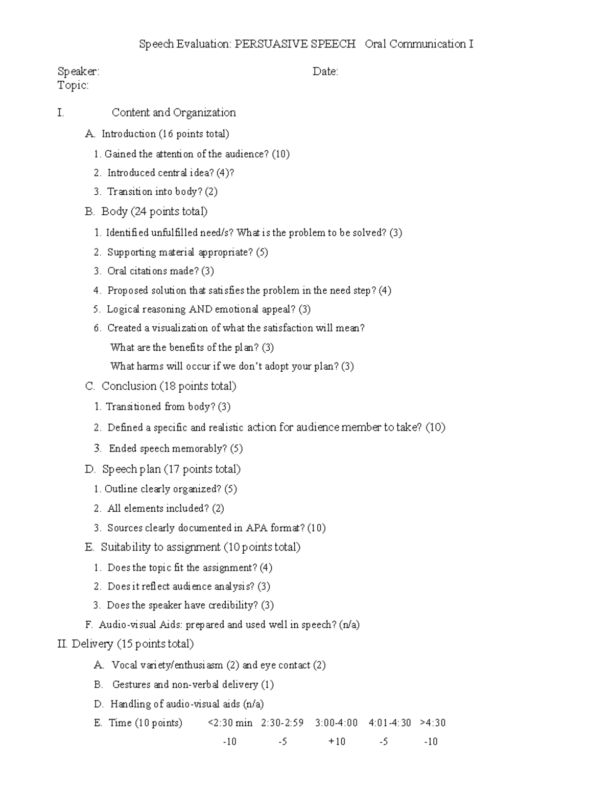 Rubric for Persuasive Speech 3-4 mins - Speech Evaluation: PERSUASIVE ...