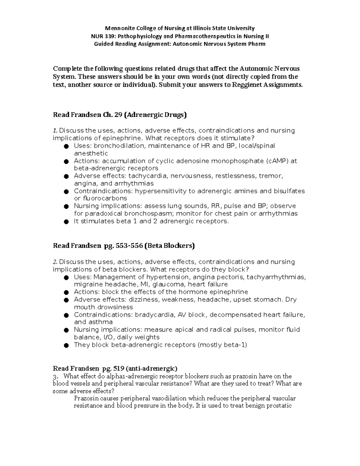 ANS Pharm GRA - Homework reading assignment - Mennonite College of ...