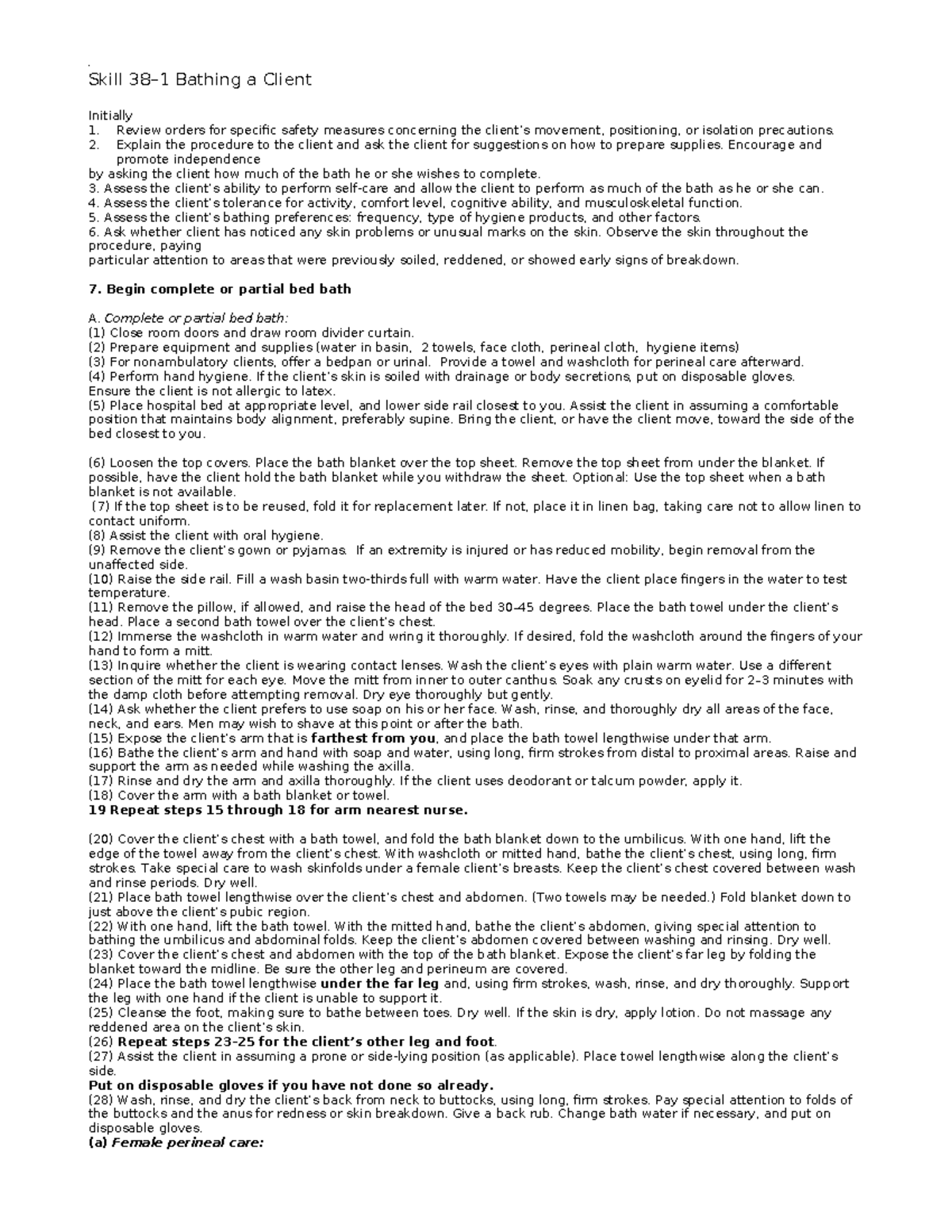 Checklist bathing a patient - . Skill 38–1 Bathing a Client Initially ...