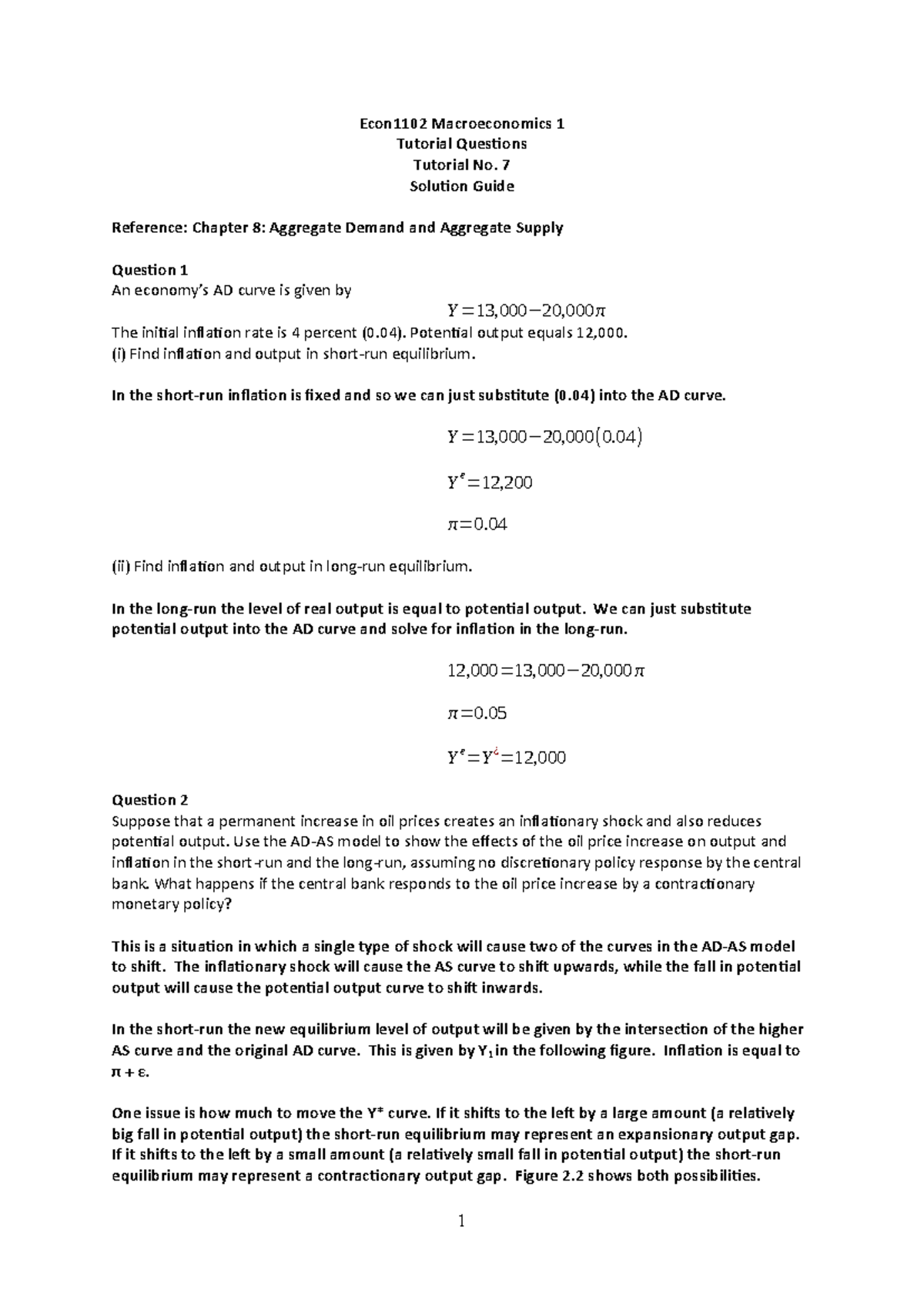 Tutorial No 7 Sol Solution Econ1102 Macroeconomics 1 Tutorial Questons Tutorial No 7