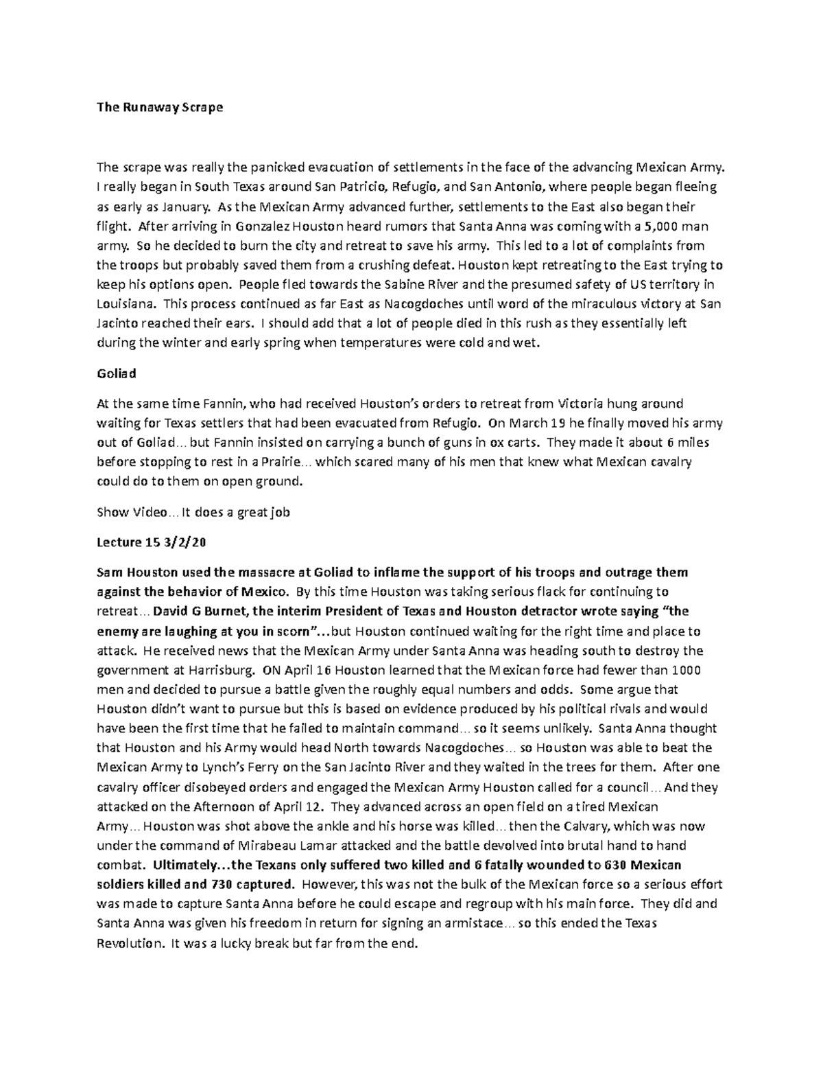 Hist 226 notes 3 - Professor Rohrbaugh - The Runaway Scrape The scrape ...