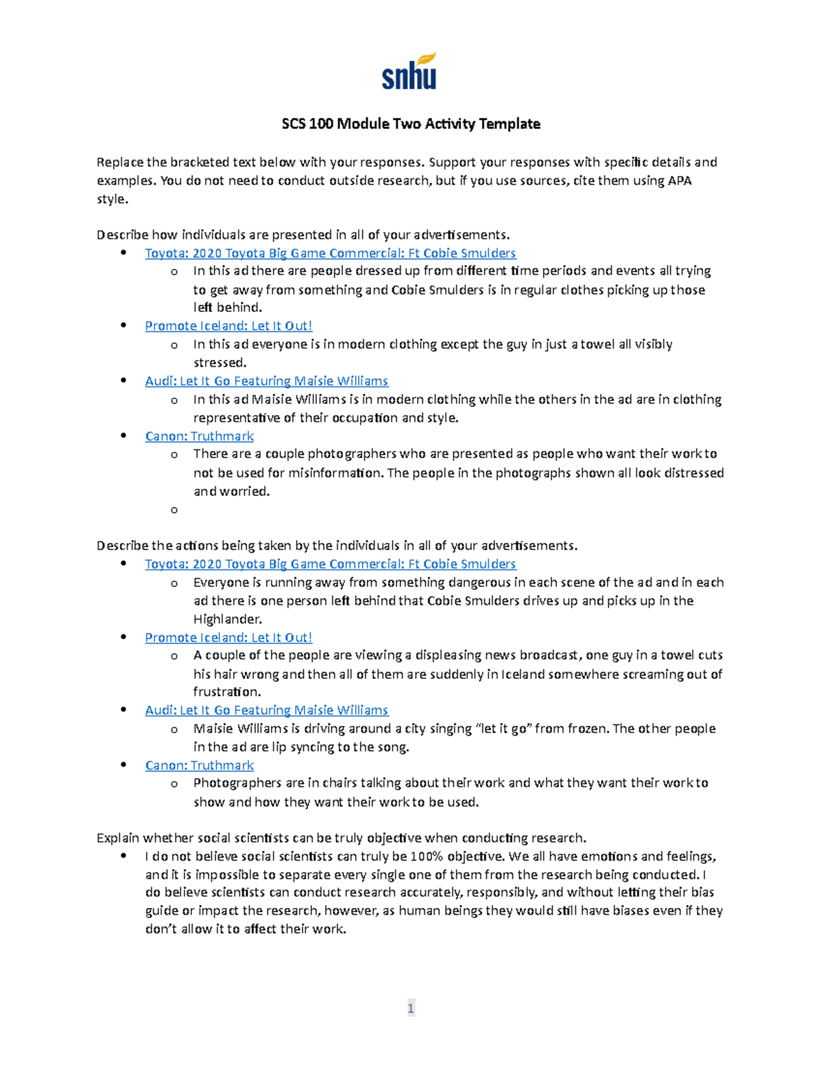 SCS 100 Module Two Activity - Support your responses with specific ...
