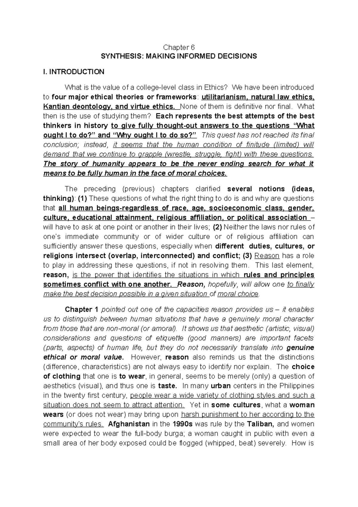 Ethics-Chapter-VI - Notes - Chapter 6 SYNTHESIS: MAKING INFORMED ...