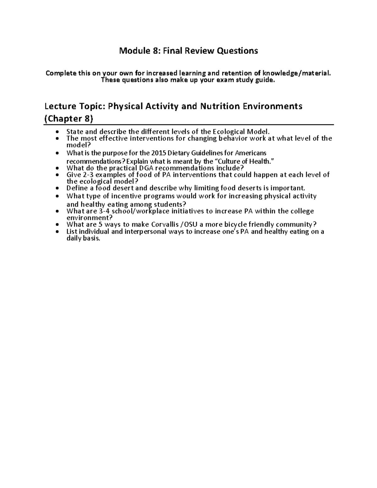 Module 8 Exam Study Guide PA and Nutrition Environments - Module 8 ...