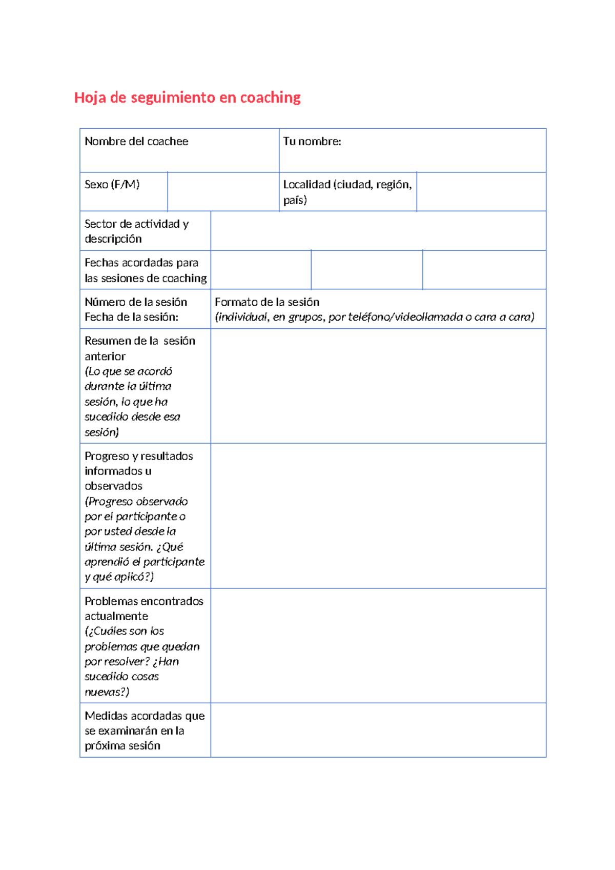 Formato de seguimiento sesiones Coaching - Hoja de seguimiento en ...