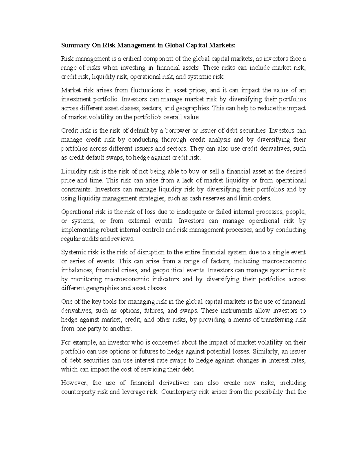 Summary On Risk Management in Global Capital Markets - These risks can ...