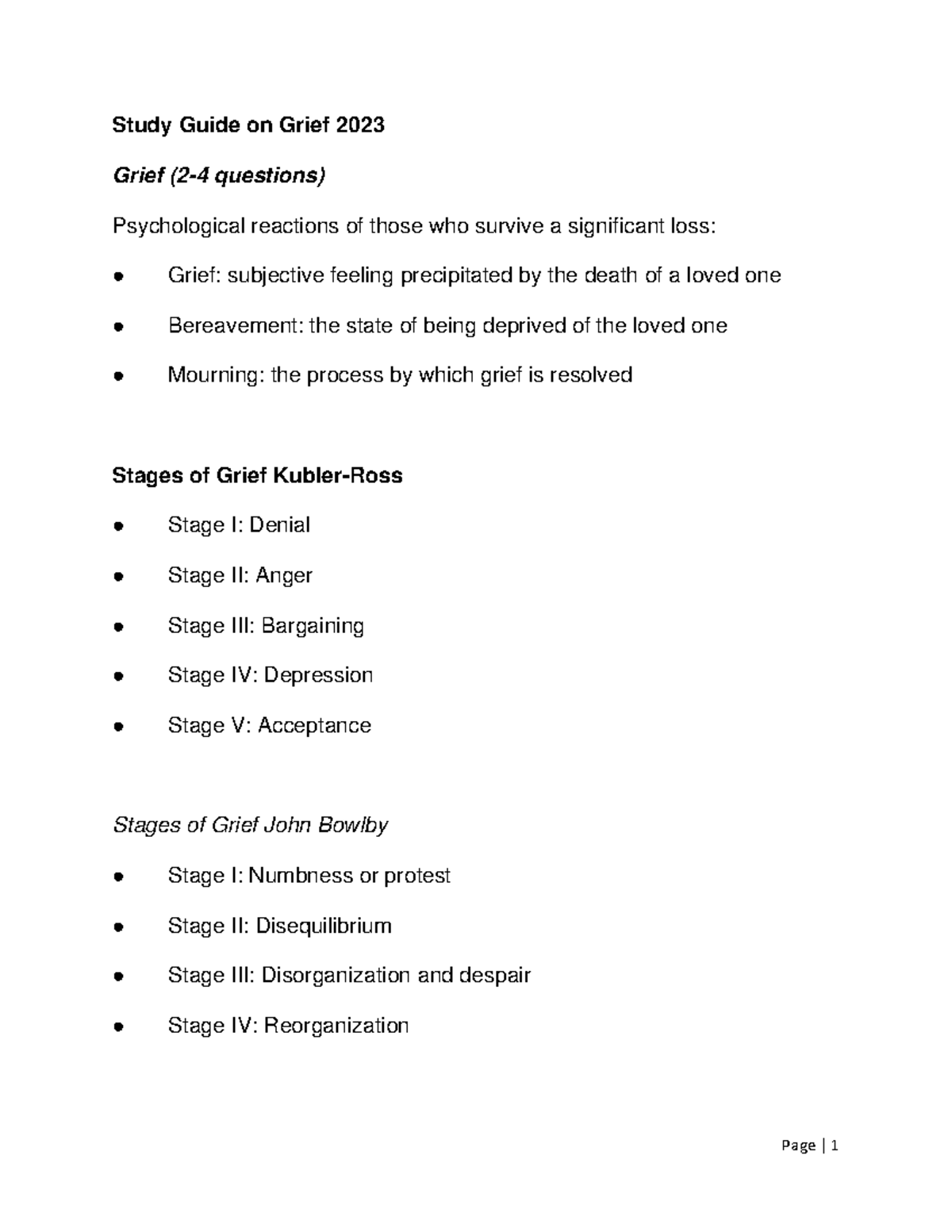 Study Guide on Grief 2023 - Study Guide on Grief 2023 Grief (2-4 ...