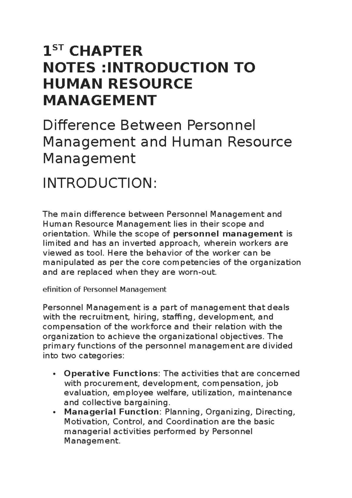 HRM Notes 2ND SEM BBA - ...... - 1 ST CHAPTER NOTES :INTRODUCTION TO ...