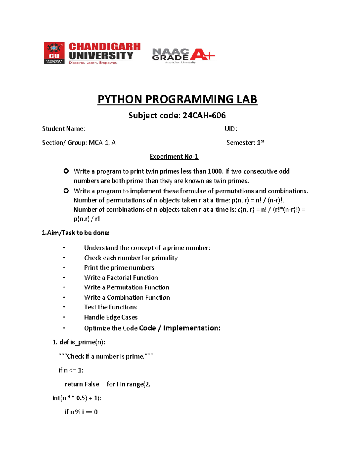 Python experiment 3 - ........ - PYTHON PROGRAMMING LAB Subject code: 24CAH- Student Name: UID ...