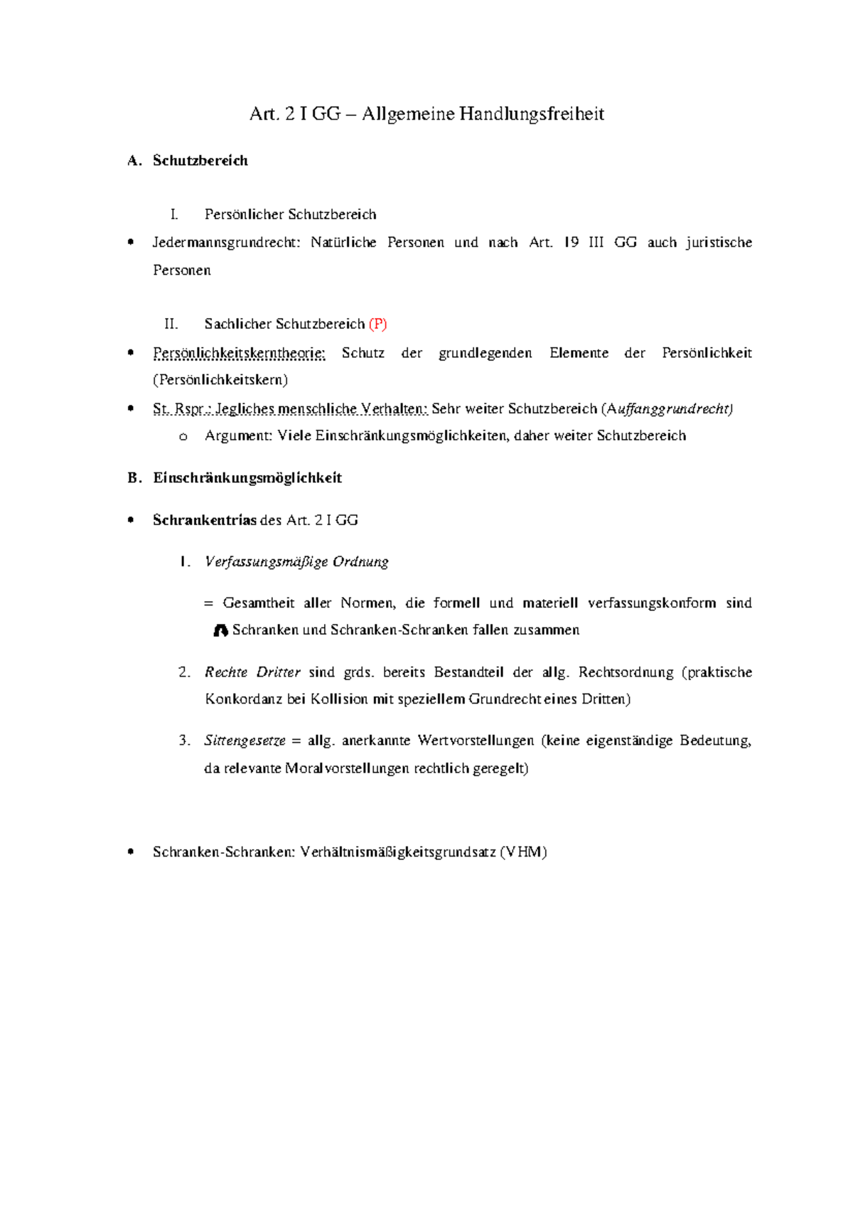 Art. 2 Grundgesetz - Art. 2 I GG Allgemeine Handlungsfreiheit A ...