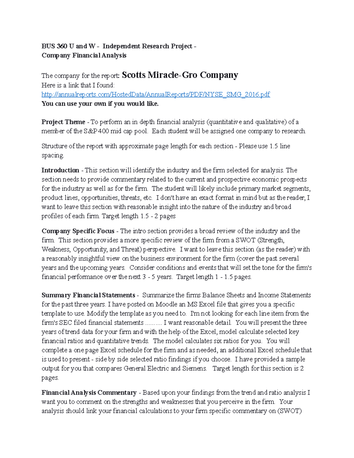 Financial Analysis Project Fall 2017 - BUS 360 U and W - Independent ...