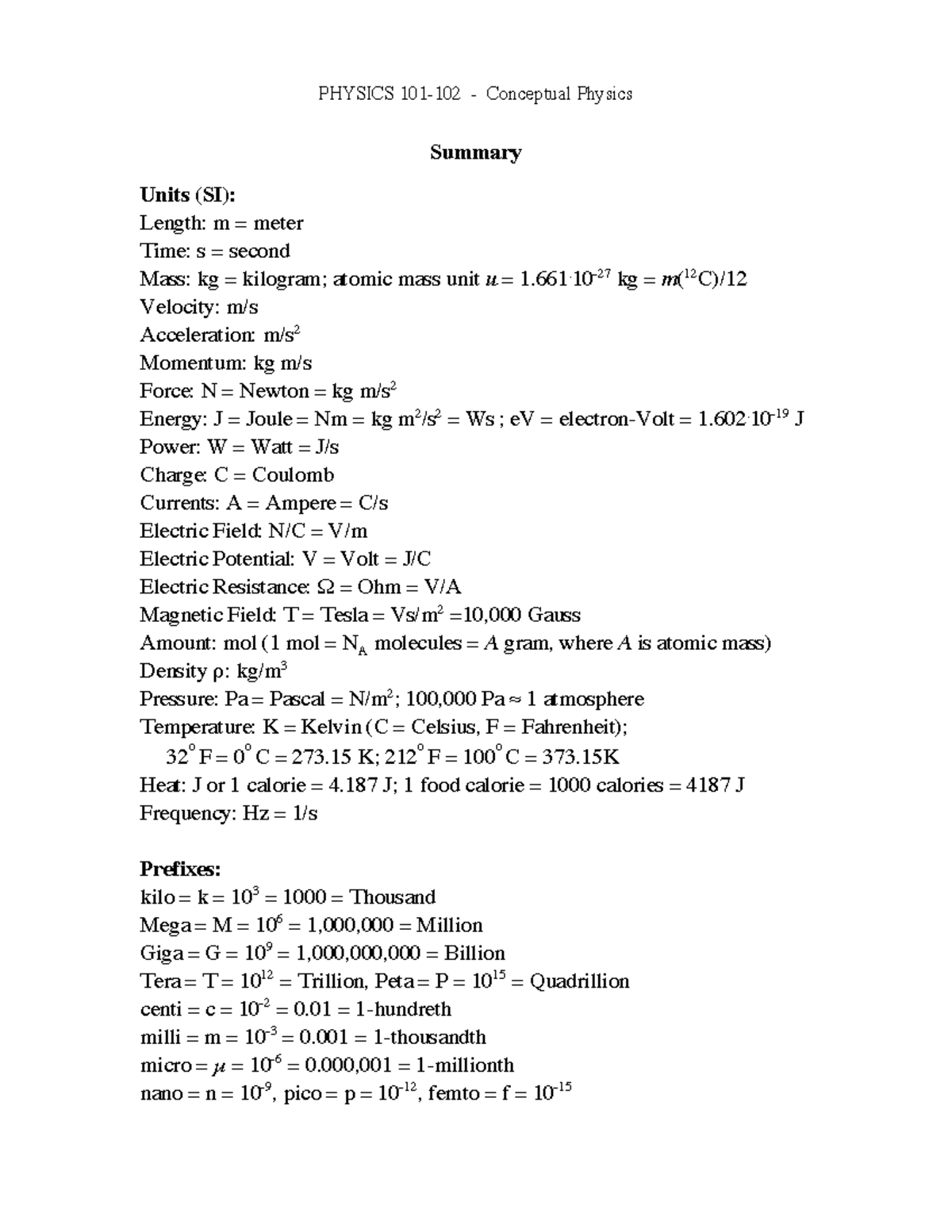 Summary Formula Sheet - PHYSICS Conceptual Physics Summary Units (SI ...