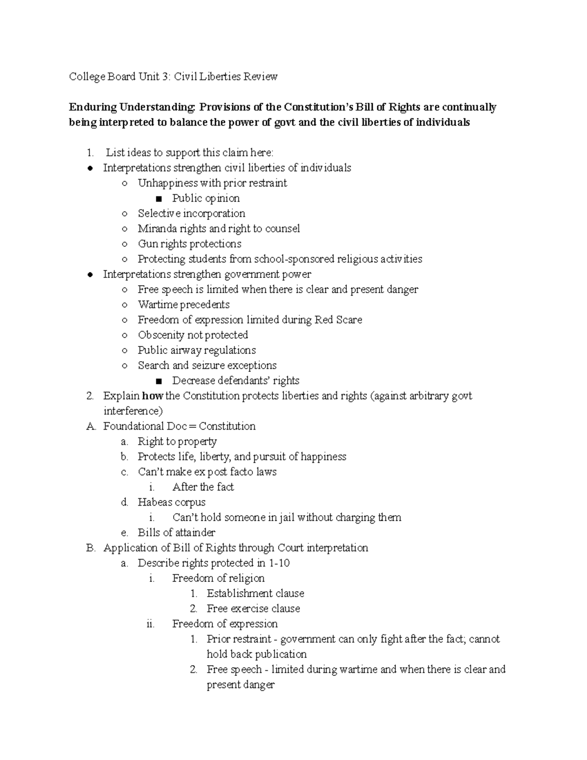 Civil Liberties Review - College Board Unit 3: Civil Liberties Review ...