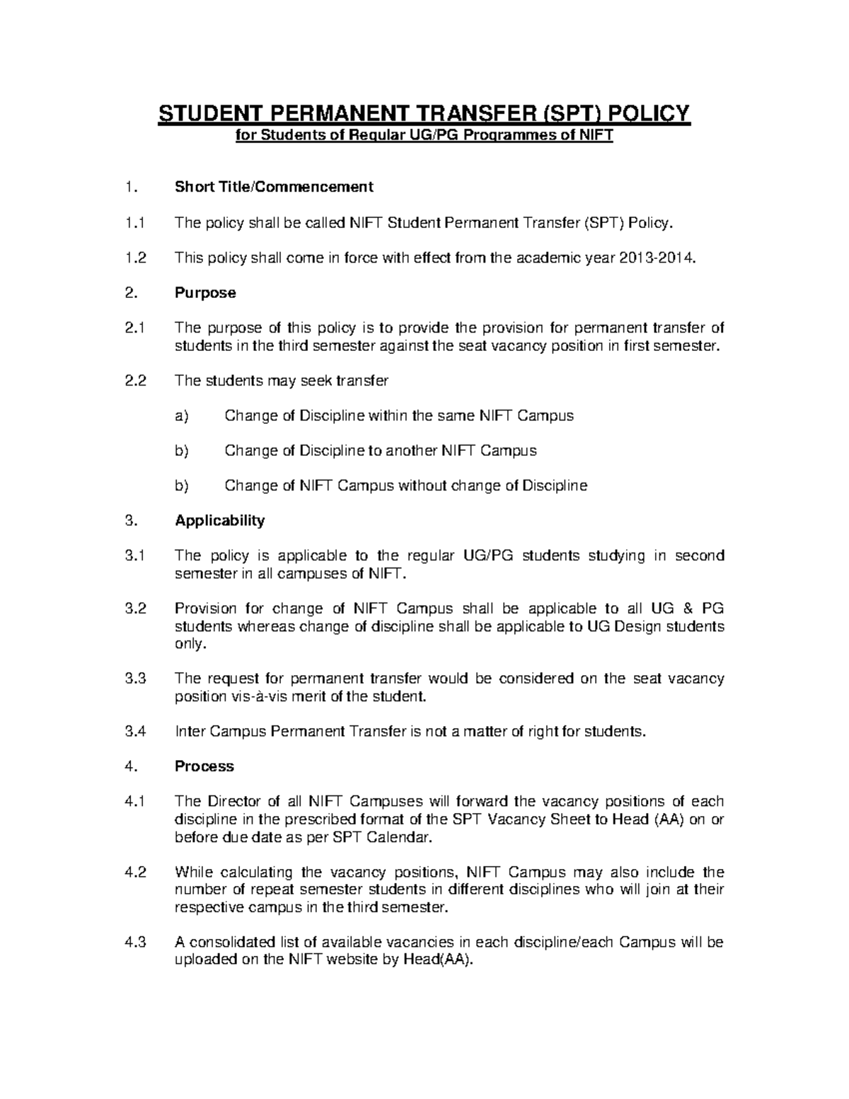 SPT 18jan - STUDENT PERMANENT TRANSFER (SPT) POLICY for Students of ...