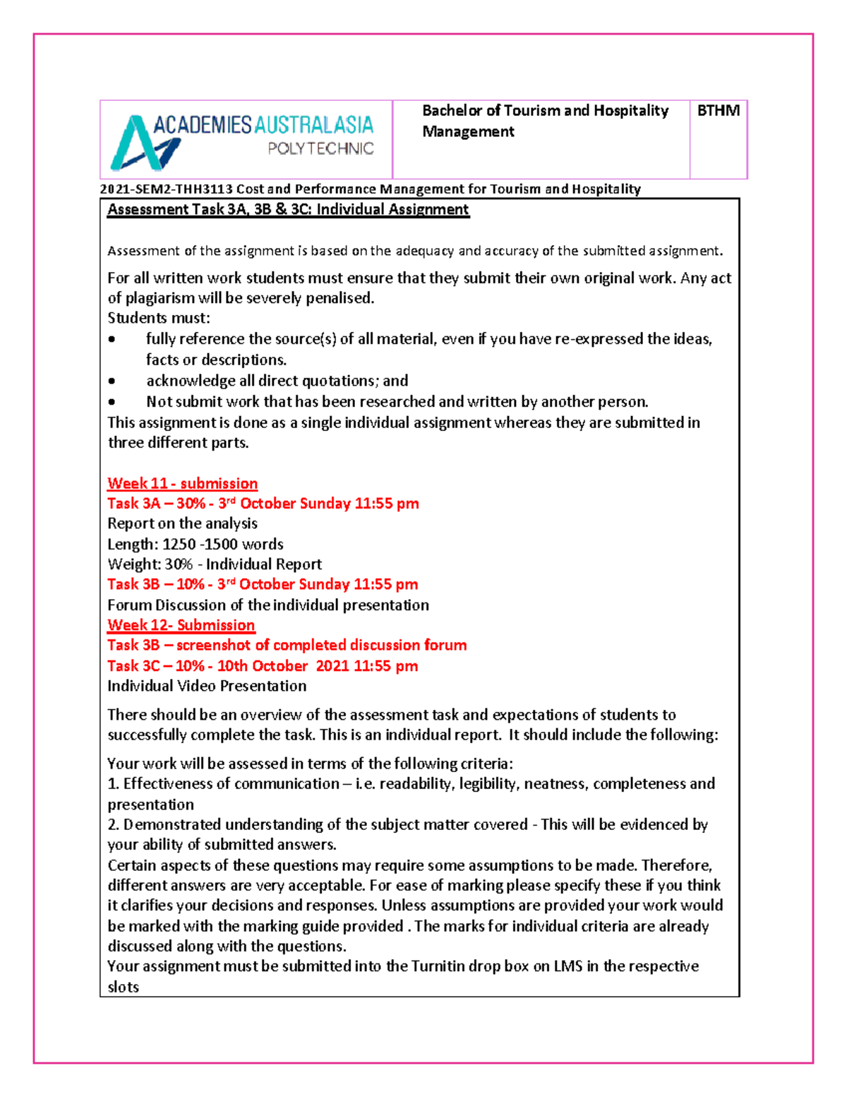 Individual assignment 2 sem 2 2021 - Bachelor of Tourism and ...