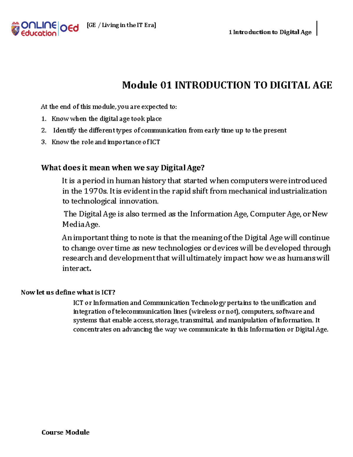 W2 Introduction to Digital Age - Module - [GE / Living in the IT Era] 1 ...