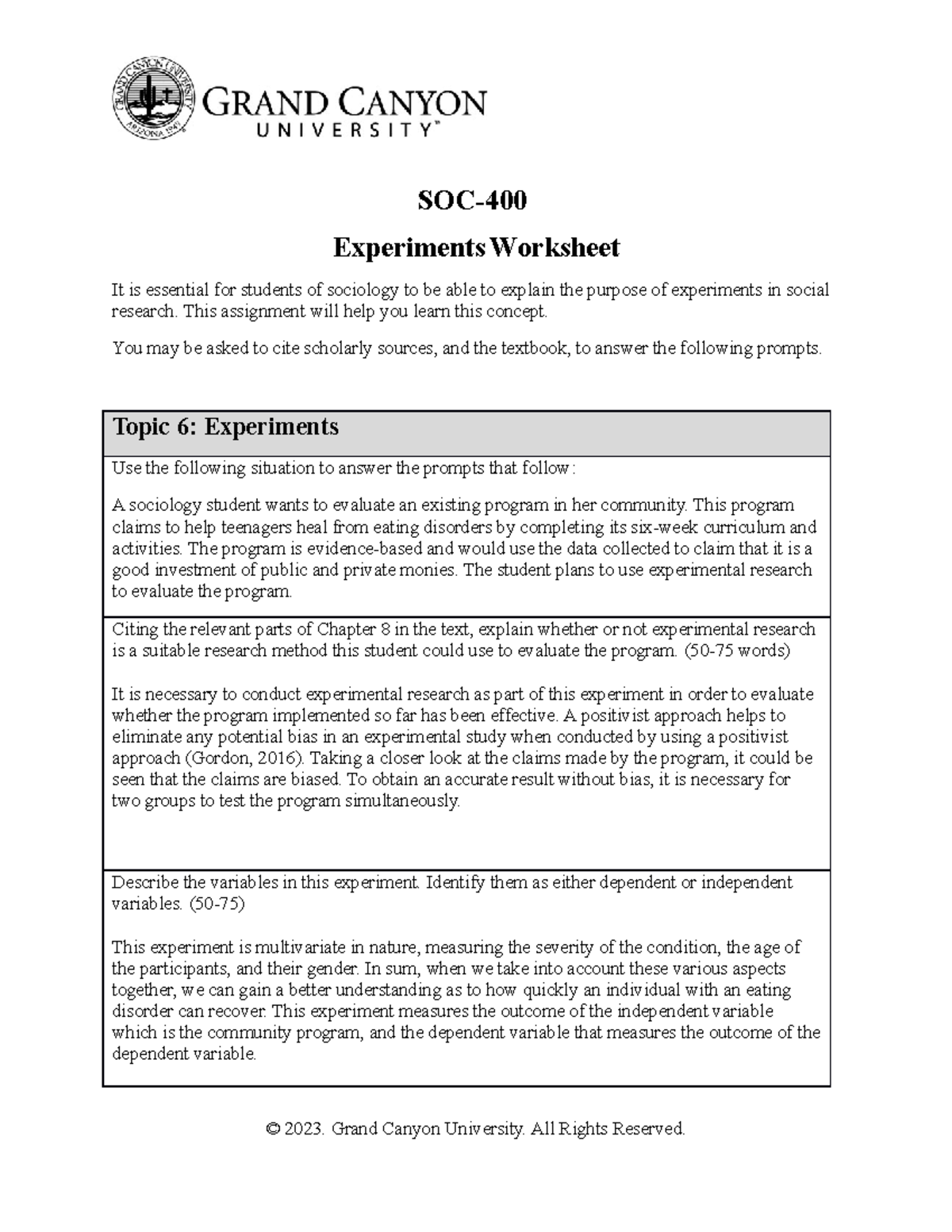 SOC-400 - N/A - SOC- Experiments Worksheet It is essential for students ...