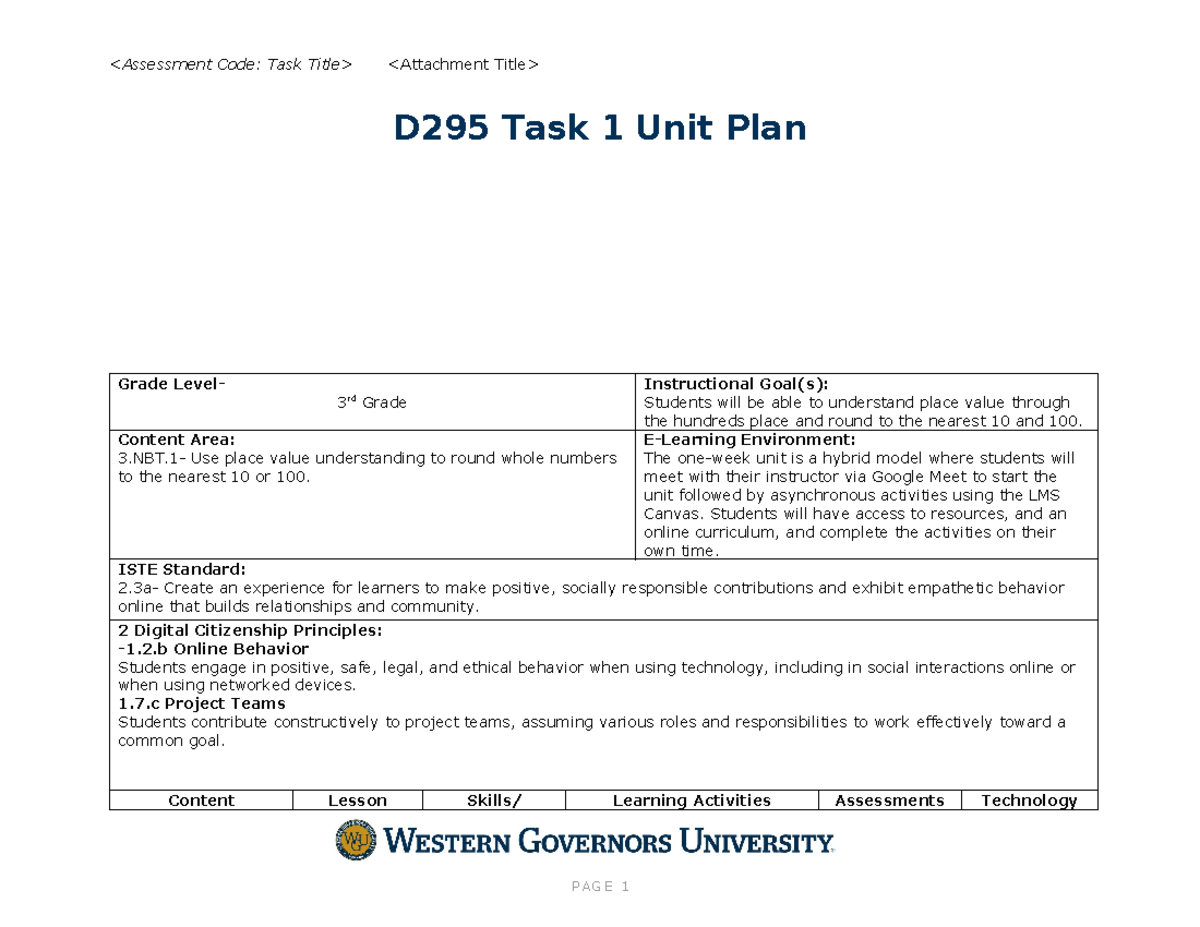 D295 Task1-Unit Plan- Pass - D295 Task 1 Unit Plan Grade Level- 3 rd Grade Instructional Goal(s ...