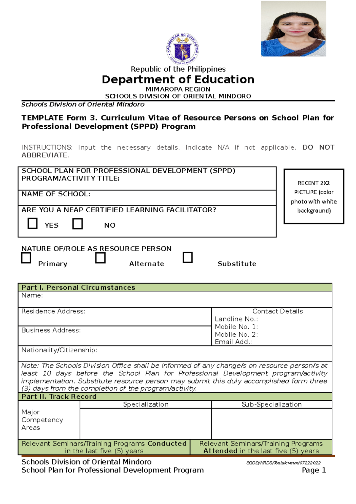 FORM 3 SPPD CV Resource Person - Republic of the Philippines Department ...