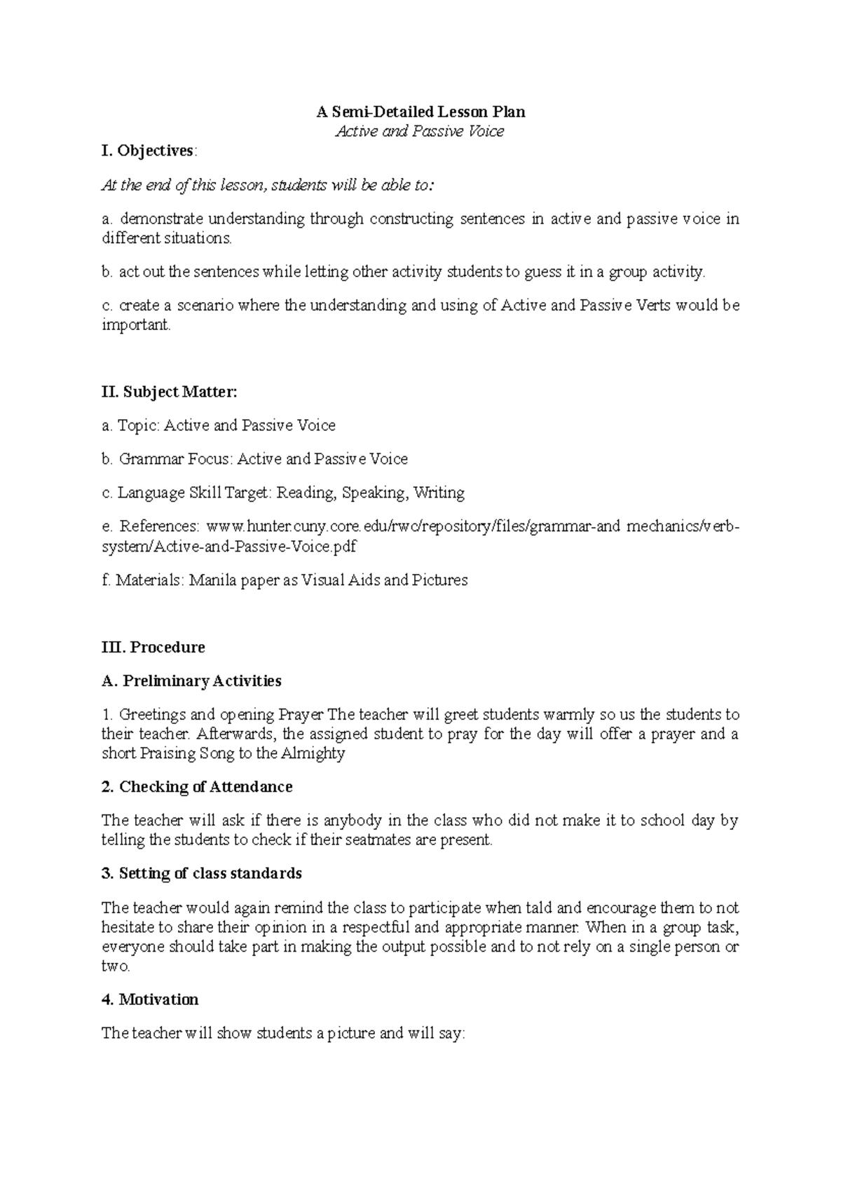 Active And Passive Voice Semi detailed Lesson Plan A Semi Detailed
