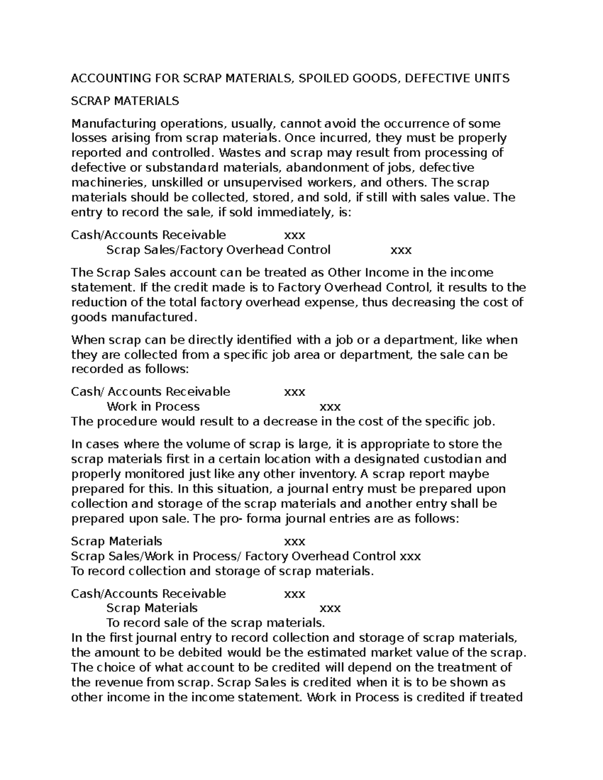 Accounting FOR Scrap Materials, Spoiled Goods, Defective Units ...