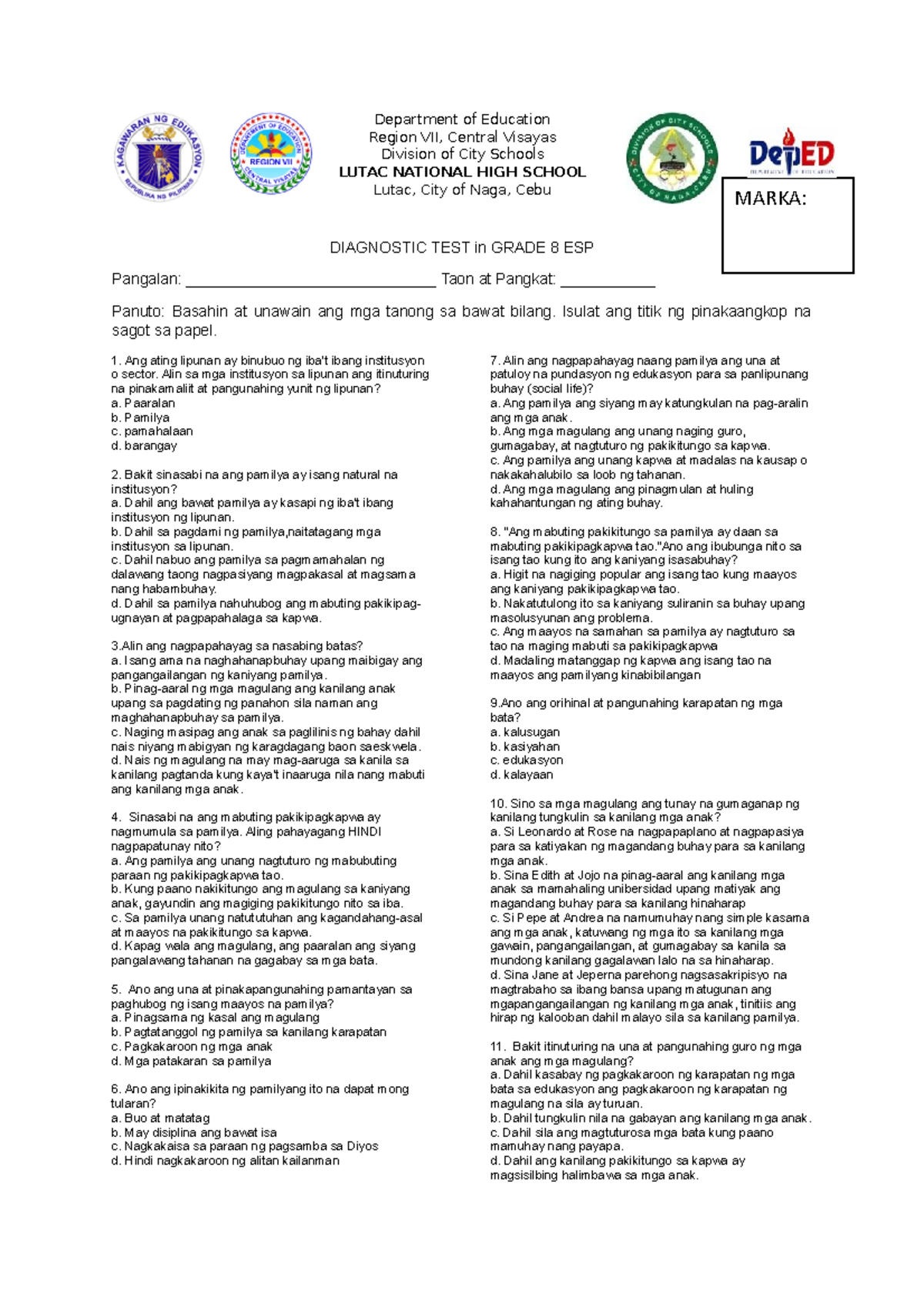 ESP 8 - Diagnostic Test - This is to test students - Department of ...