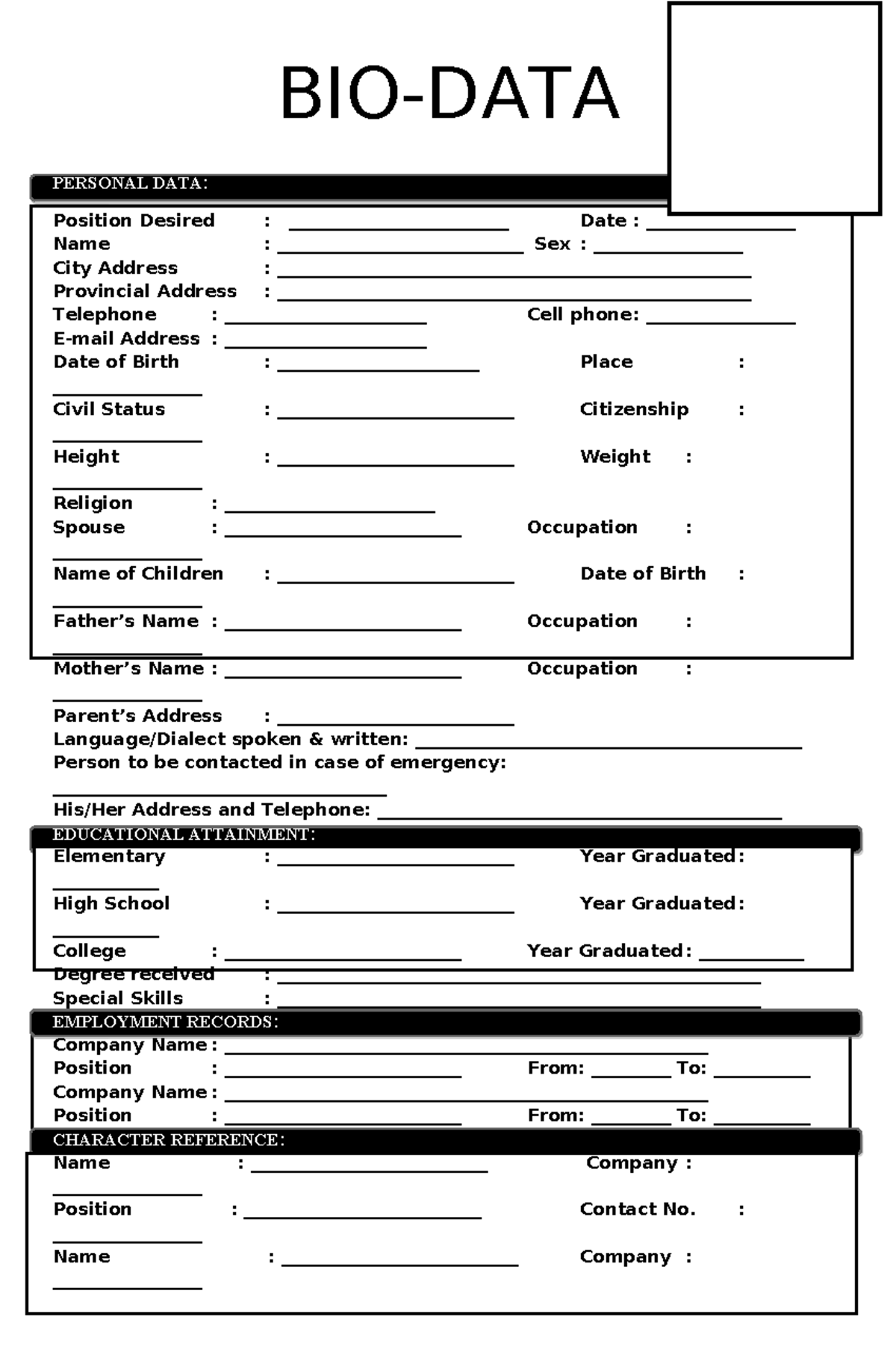 BI O DA T A FO R M docxtitle - BIO-DATA PERSONAL DATA: Position Desired