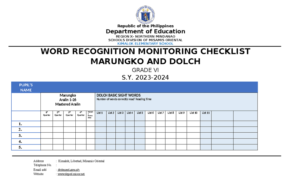 Reading Monitoring Checklist Marungko AND Dolch - Republic of the ...