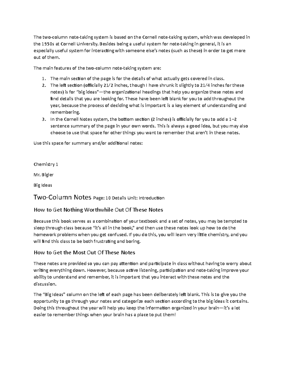 Chemistry notes 1 - The two-column note-taking system is based on the ...