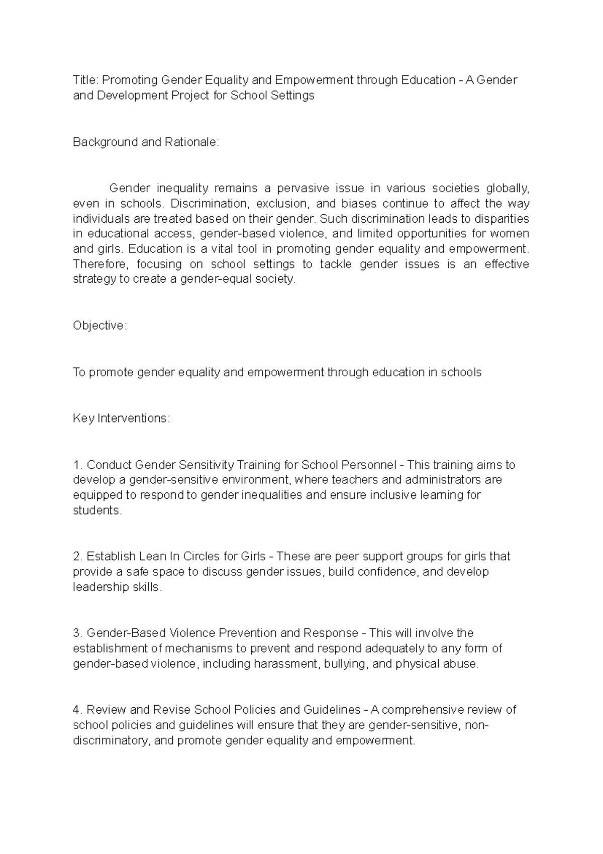 GAD Project Proposal - Title: Promoting Gender Equality and Empowerment ...